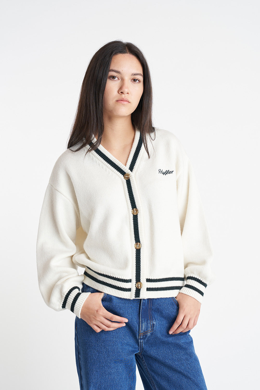 ACES KNIT CARDIGAN CHALK/EMERALD – Huffer